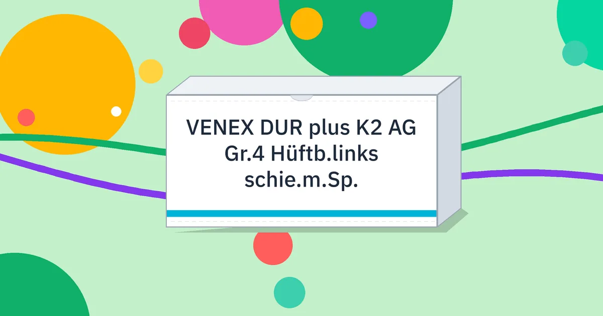 Symbolbild: Packung mit der Aufschrift VENEX DUR plus K2 AG Gr.4 Hüftb.links schie.m.Sp. (PZN 03237843) – Verfügbarkeit und Bezug in Apotheken in Frankfurt am Main