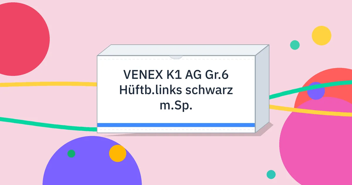 Symbolbild: Packung mit der Aufschrift VENEX K1 AG Gr.6 Hüftb.links schwarz m.Sp. (PZN 03201816) – Verfügbarkeit und Bezug in Apotheken in Frankfurt am Main