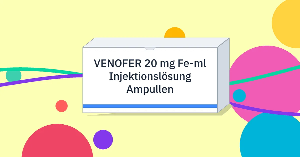 Symbolbild: Packung mit der Aufschrift VENOFER 20 mg Fe-ml Injektionslösung Ampullen (PZN 06946327) – Verfügbarkeit und Bezug in Apotheken in Frankfurt am Main