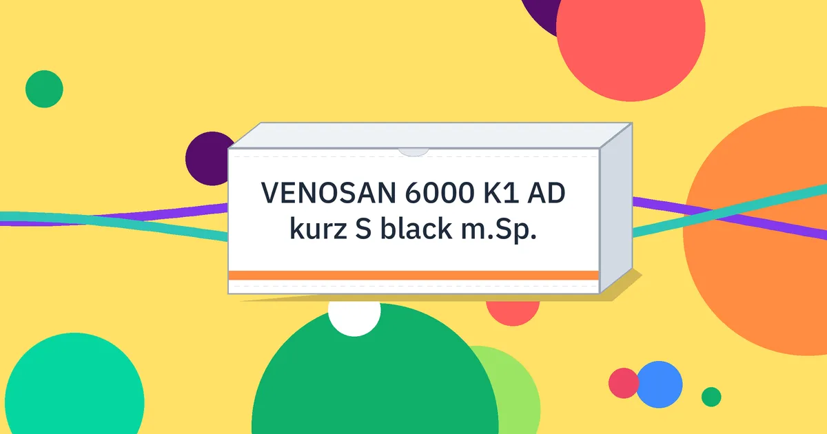 Symbolbild: Packung mit der Aufschrift VENOSAN 6000 K1 AD kurz S black m.Sp. (PZN 17171378) – Verfügbarkeit und Bezug in Apotheken in Frankfurt am Main
