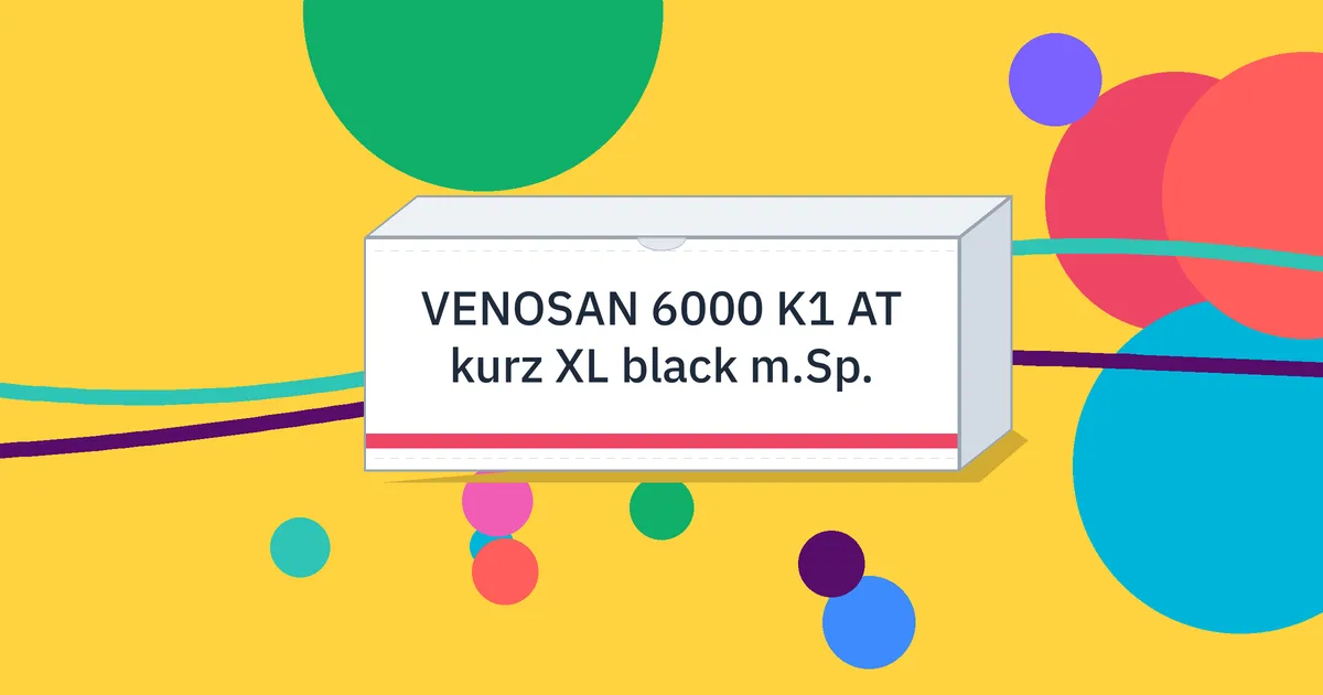 Symbolbild: Packung mit der Aufschrift VENOSAN 6000 K1 AT kurz XL black m.Sp. (PZN 17172107) – Verfügbarkeit und Bezug in Apotheken in Frankfurt am Main