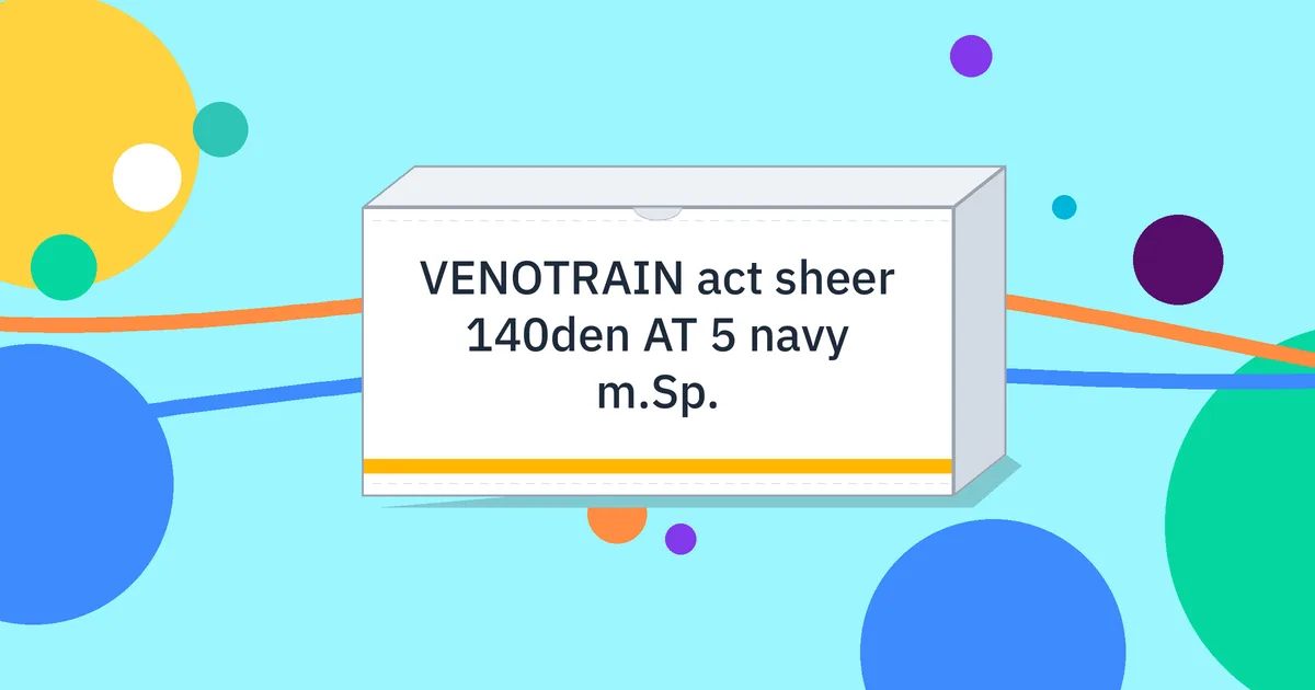 Symbolbild: Packung mit der Aufschrift VENOTRAIN act sheer 140den AT 5 navy m.Sp. (PZN 16207200) – Verfügbarkeit und Bezug in Apotheken in Frankfurt am Main