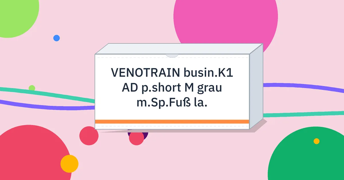 Symbolbild: Packung mit der Aufschrift VENOTRAIN busin.K1 AD p.short M grau m.Sp.Fuß la. (PZN 19056457) – Verfügbarkeit und Bezug in Apotheken in Frankfurt am Main