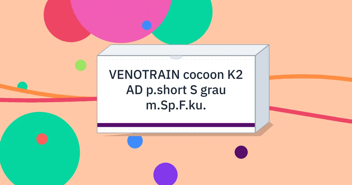 Symbolbild: Packung mit der Aufschrift VENOTRAIN cocoon K2 AD p.short S grau m.Sp.F.ku. (PZN 19198602) – Verfügbarkeit und Bezug in Apotheken in Frankfurt am Main