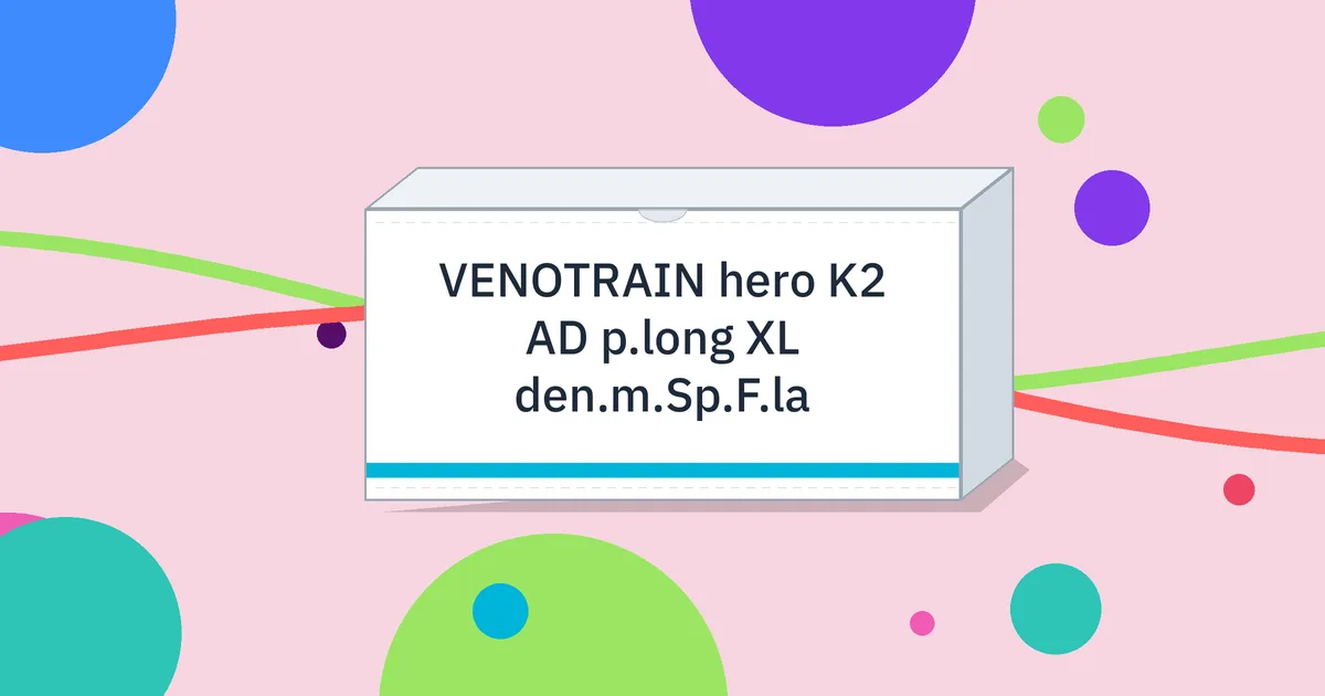 Symbolbild: Packung mit der Aufschrift VENOTRAIN hero K2 AD p.long XL den.m.Sp.F.la (PZN 19191244) – Verfügbarkeit und Bezug in Apotheken in Frankfurt am Main