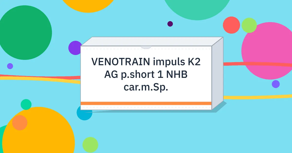 Symbolbild: Packung mit der Aufschrift VENOTRAIN impuls K2 AG p.short 1 NHB car.m.Sp. (PZN 00505680) – Verfügbarkeit und Bezug in Apotheken in Frankfurt am Main