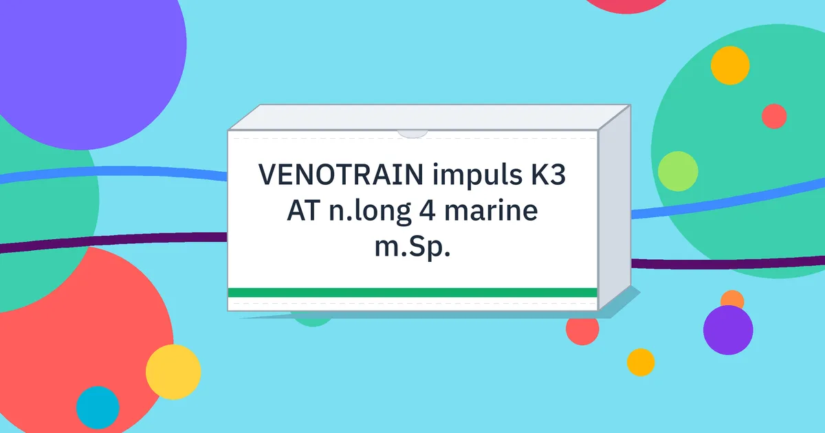 Symbolbild: Packung mit der Aufschrift VENOTRAIN impuls K3 AT n.long 4 marine m.Sp. (PZN 19355622) – Verfügbarkeit und Bezug in Apotheken in Frankfurt am Main