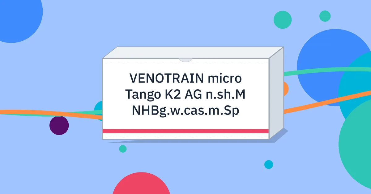 Symbolbild: Packung mit der Aufschrift VENOTRAIN micro Tango K2 AG n.sh.M NHBg.w.cas.m.Sp (PZN 20765288) – Verfügbarkeit und Bezug in Apotheken in Frankfurt am Main