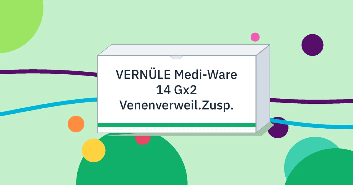 Symbolbild: Packung mit der Aufschrift VERNÜLE Medi-Ware 14 Gx2 Venenverweil.Zusp. (PZN 04303915) – Verfügbarkeit und Bezug in Apotheken in Frankfurt am Main