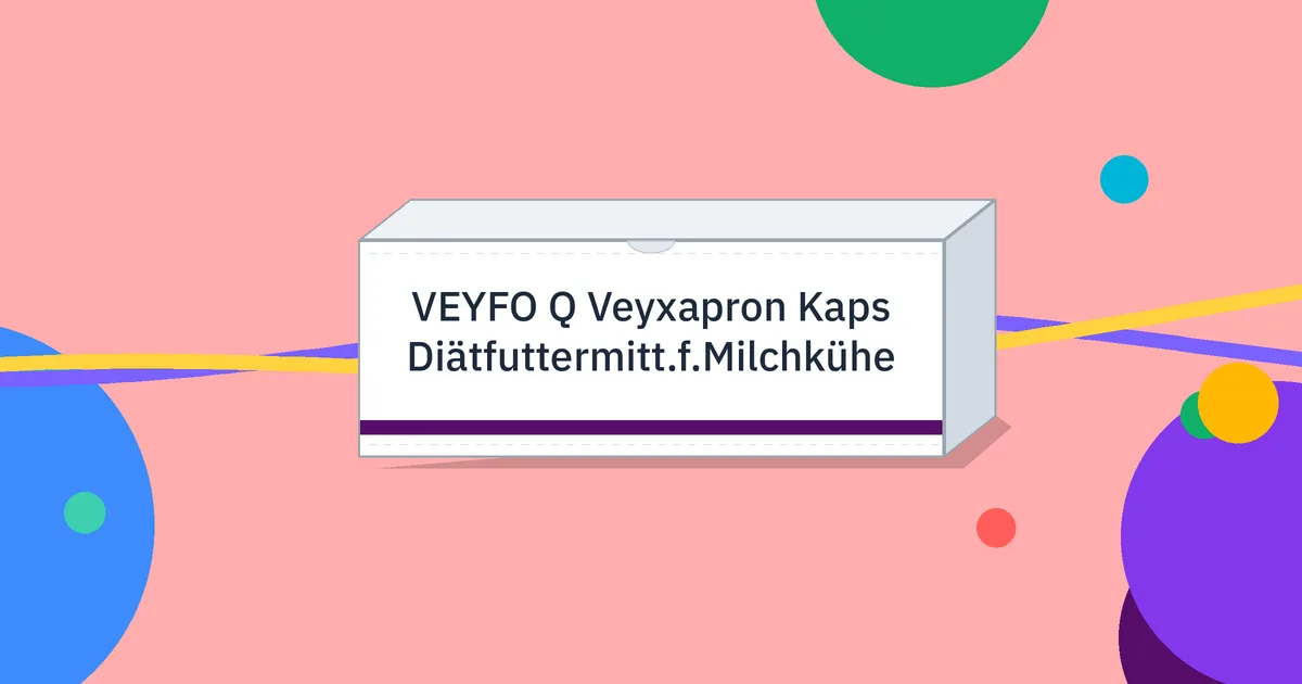 Symbolbild: Packung mit der Aufschrift VEYFO Q Veyxapron Kaps Diätfuttermitt.f.Milchkühe (PZN 18378880) – Verfügbarkeit und Bezug in Apotheken in Frankfurt am Main