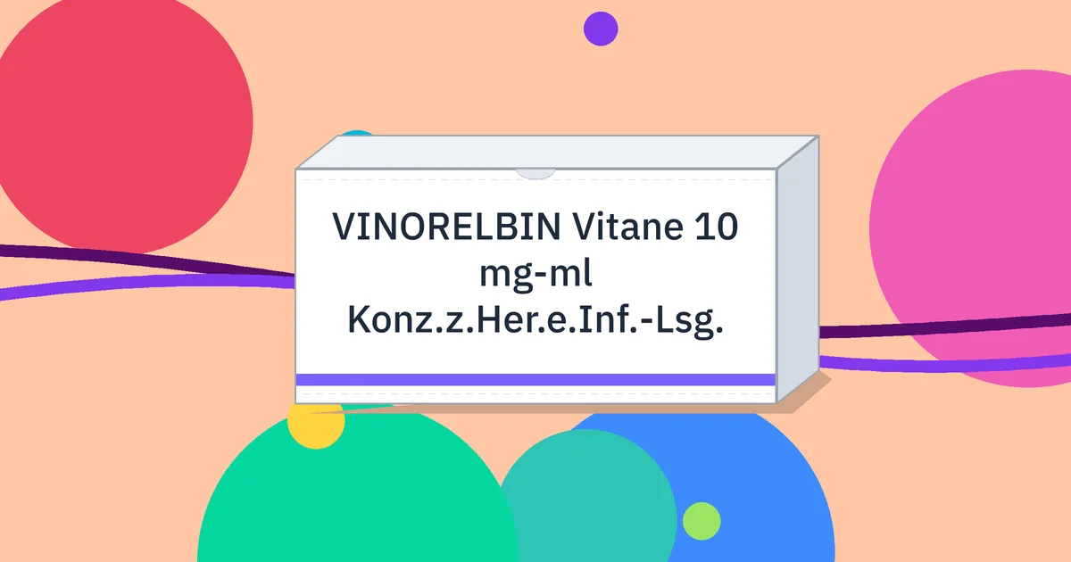 Symbolbild: Packung mit der Aufschrift VINORELBIN Vitane 10 mg-ml Konz.z.Her.e.Inf.-Lsg. (PZN 14188415) – Verfügbarkeit und Bezug in Apotheken in Frankfurt am Main