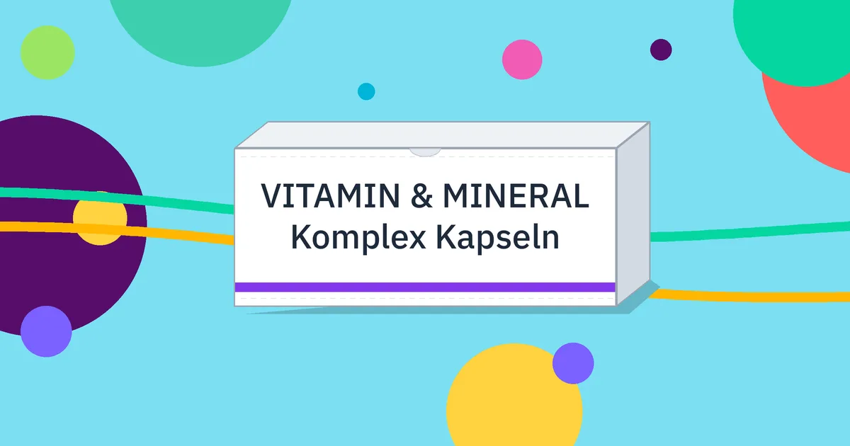 Symbolbild: Packung mit der Aufschrift VITAMIN & MINERAL Komplex Kapseln (PZN 03863552) – Verfügbarkeit und Bezug in Apotheken in Frankfurt am Main