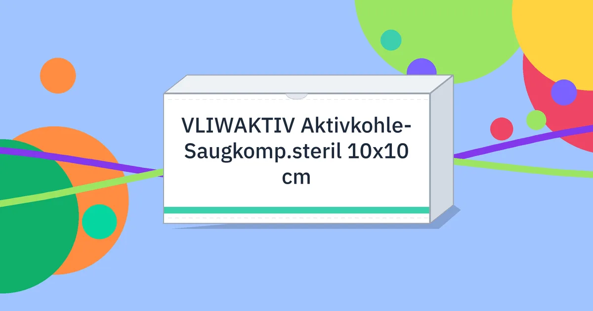 Symbolbild: Packung mit der Aufschrift VLIWAKTIV Aktivkohle-Saugkomp.steril 10x10 cm (PZN 04464280) – Verfügbarkeit und Bezug in Apotheken in Frankfurt am Main