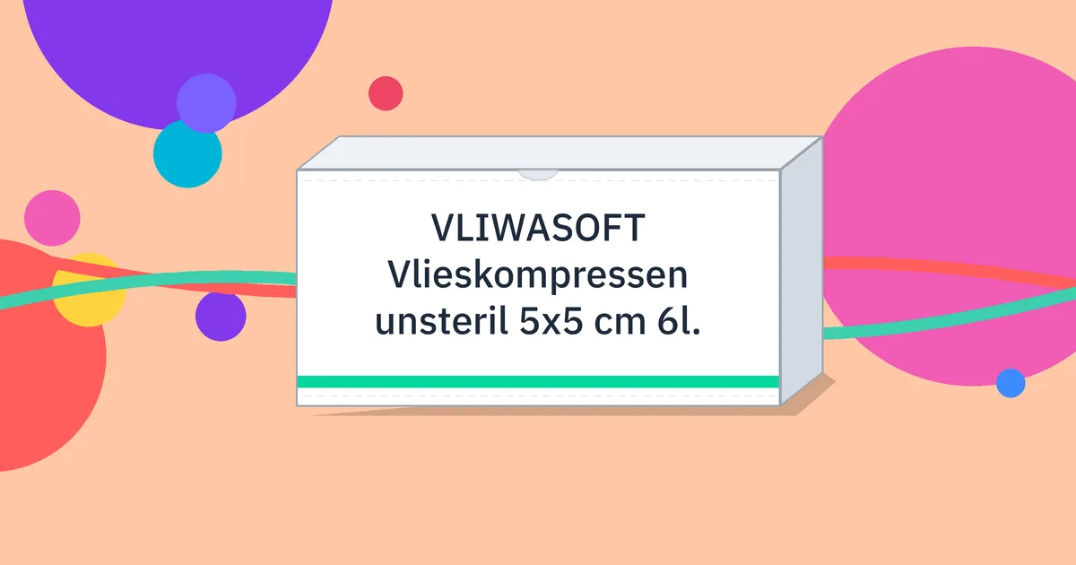 Symbolbild: Packung mit der Aufschrift VLIWASOFT Vlieskompressen unsteril 5x5 cm 6l. (PZN 08900915) – Verfügbarkeit und Bezug in Apotheken in Frankfurt am Main
