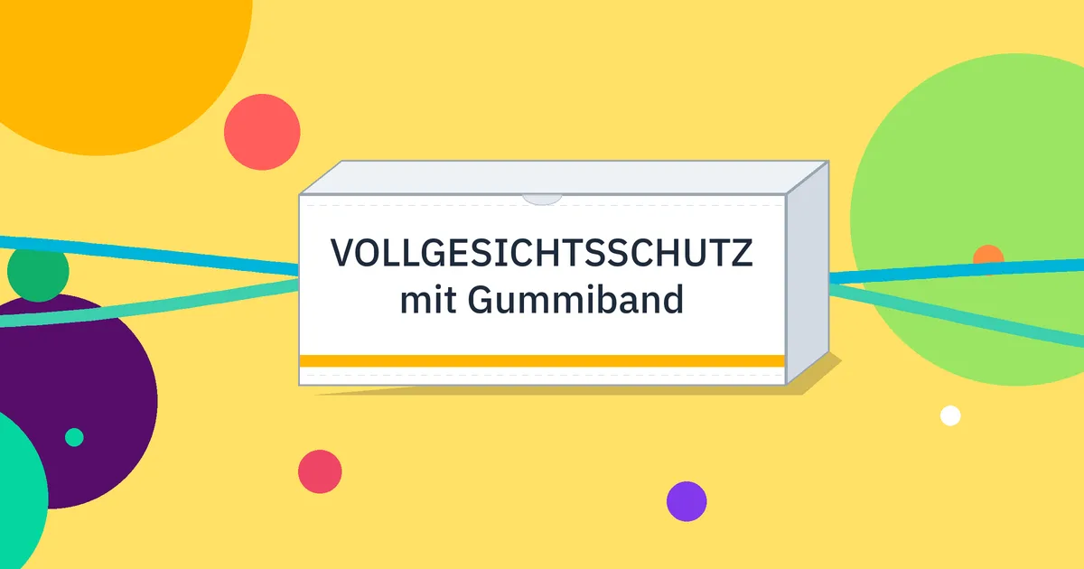 Symbolbild: Packung mit der Aufschrift VOLLGESICHTSSCHUTZ mit Gummiband (PZN 16665724) – Verfügbarkeit und Bezug in Apotheken in Frankfurt am Main