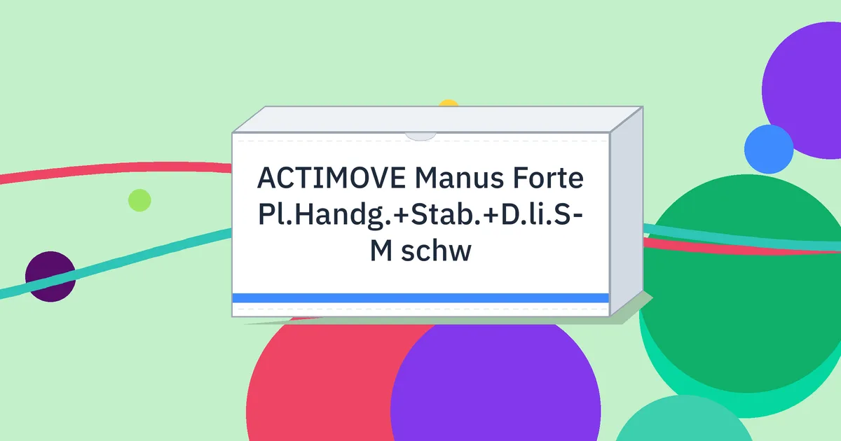 Symbolbild: Packung mit der Aufschrift ACTIMOVE Manus Forte Pl.Handg.+Stab.+D.li.S-M schw (PZN 17947382) – Verfügbarkeit und Bezug in Apotheken in Frankfurt am Main