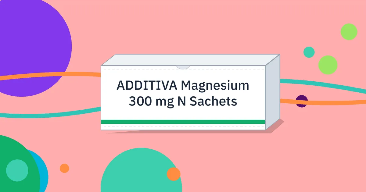 Symbolbild: Packung mit der Aufschrift ADDITIVA Magnesium 300 mg N Sachets (PZN 10933632) – Verfügbarkeit und Bezug in Apotheken in Frankfurt am Main