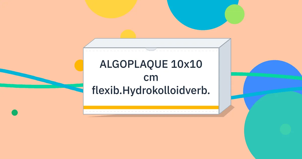 Symbolbild: Packung mit der Aufschrift ALGOPLAQUE 10x10 cm flexib.Hydrokolloidverb. (PZN 04170408) – Verfügbarkeit und Bezug in Apotheken in Frankfurt am Main