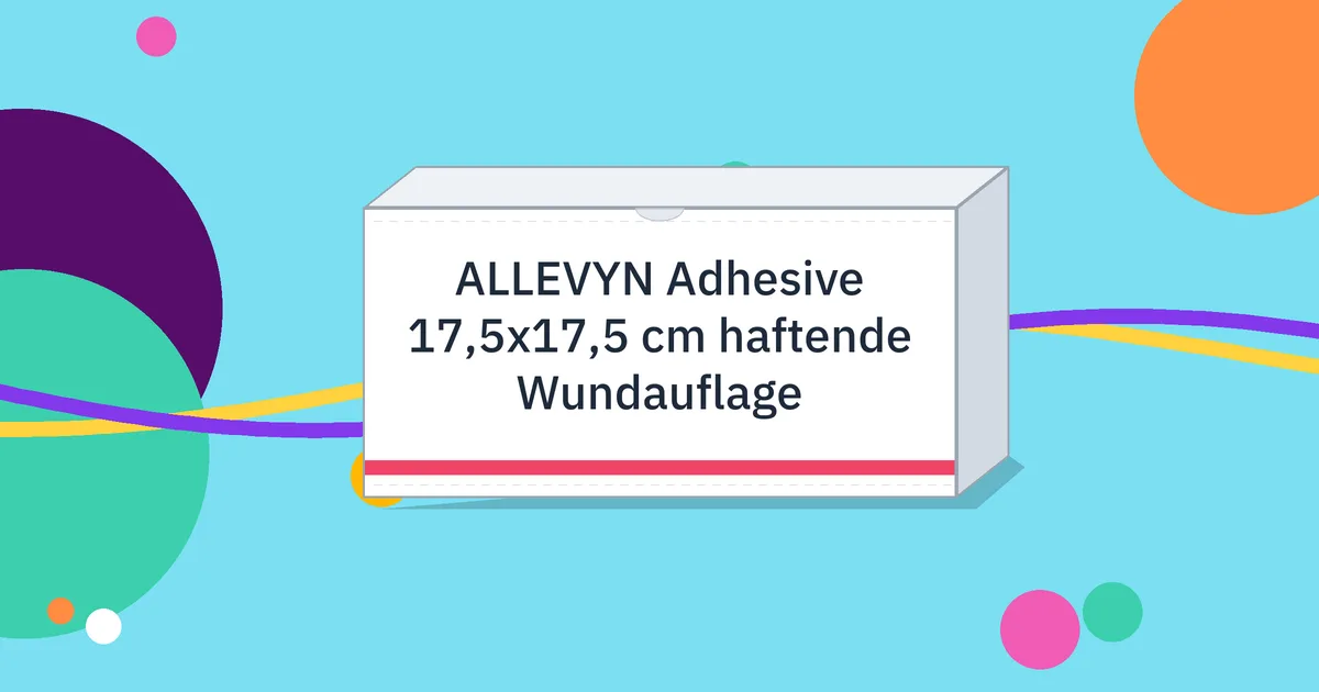Symbolbild: Packung mit der Aufschrift ALLEVYN Adhesive 17,5x17,5 cm haftende Wundauflage (PZN 05868677) – Verfügbarkeit und Bezug in Apotheken in Frankfurt am Main