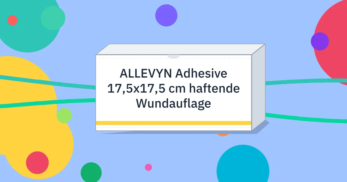 Symbolbild: Packung mit der Aufschrift ALLEVYN Adhesive 17,5x17,5 cm haftende Wundauflage (PZN 16222145) – Verfügbarkeit und Bezug in Apotheken in Frankfurt am Main