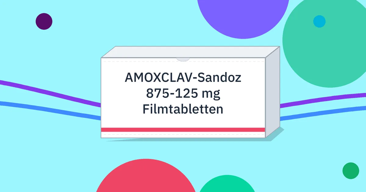 Symbolbild: Packung mit der Aufschrift AMOXCLAV-Sandoz 875-125 mg Filmtabletten (PZN 12906912) – Verfügbarkeit und Bezug in Apotheken in Frankfurt am Main