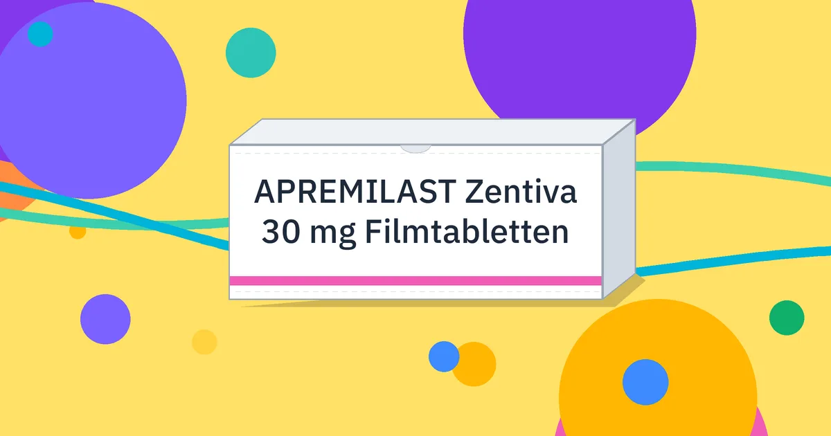 Symbolbild: Packung mit der Aufschrift APREMILAST Zentiva 30 mg Filmtabletten (PZN 19947305) – Verfügbarkeit und Bezug in Apotheken in Frankfurt am Main