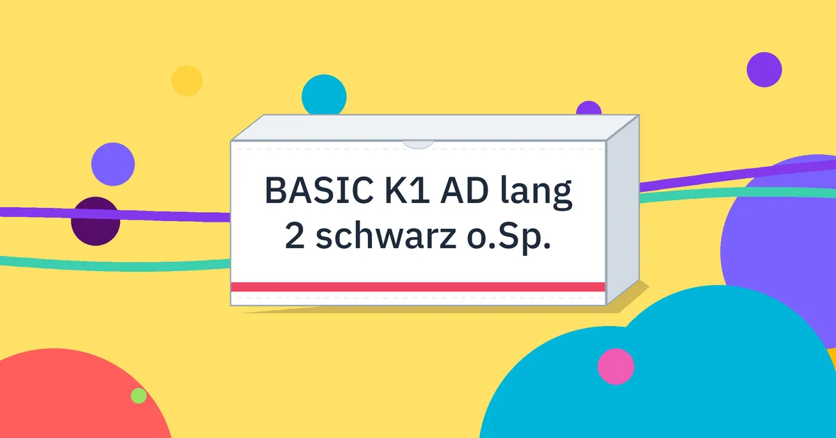 Symbolbild: Packung mit der Aufschrift BASIC K1 AD lang 2 schwarz o.Sp. (PZN 20257267) – Verfügbarkeit und Bezug in Apotheken in Frankfurt am Main