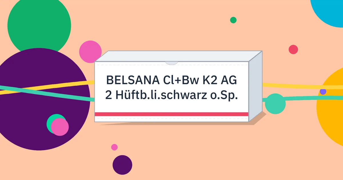 Symbolbild: Packung mit der Aufschrift BELSANA Cl+Bw K2 AG 2 Hüftb.li.schwarz o.Sp. (PZN 12254065) – Verfügbarkeit und Bezug in Apotheken in Frankfurt am Main