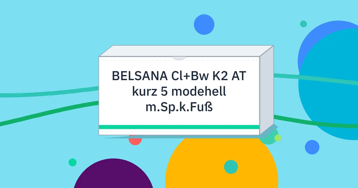 Symbolbild: Packung mit der Aufschrift BELSANA Cl+Bw K2 AT kurz 5 modehell m.Sp.k.Fuß (PZN 12253321) – Verfügbarkeit und Bezug in Apotheken in Frankfurt am Main