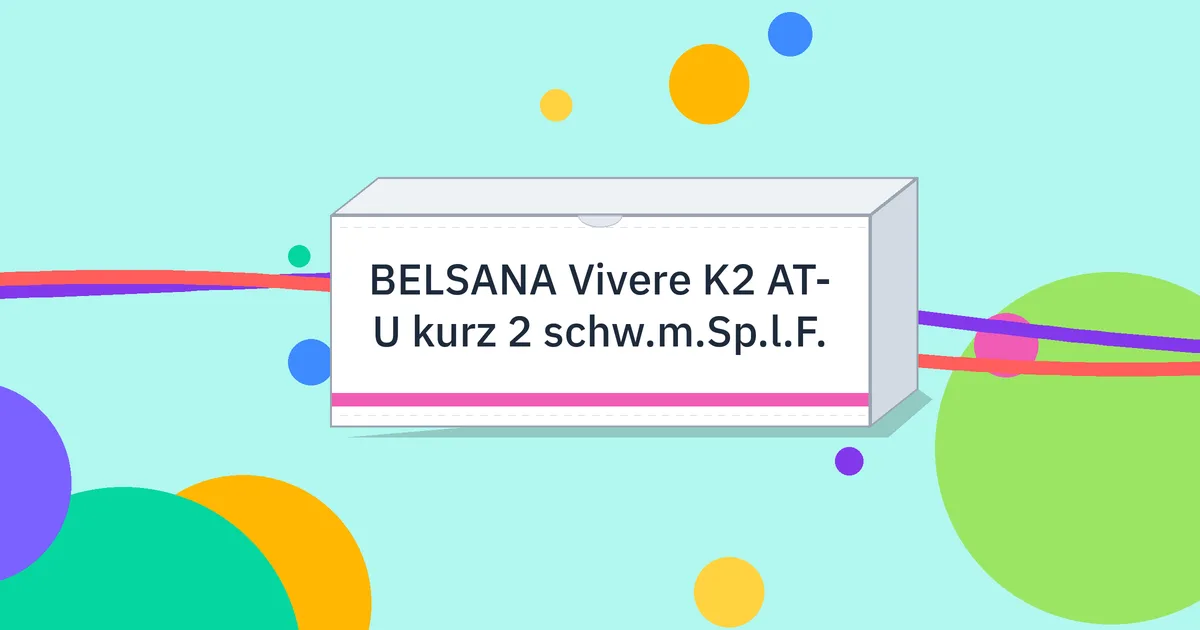 Symbolbild: Packung mit der Aufschrift BELSANA Vivere K2 AT-U kurz 2 schw.m.Sp.l.F. (PZN 08536289) – Verfügbarkeit und Bezug in Apotheken in Frankfurt am Main