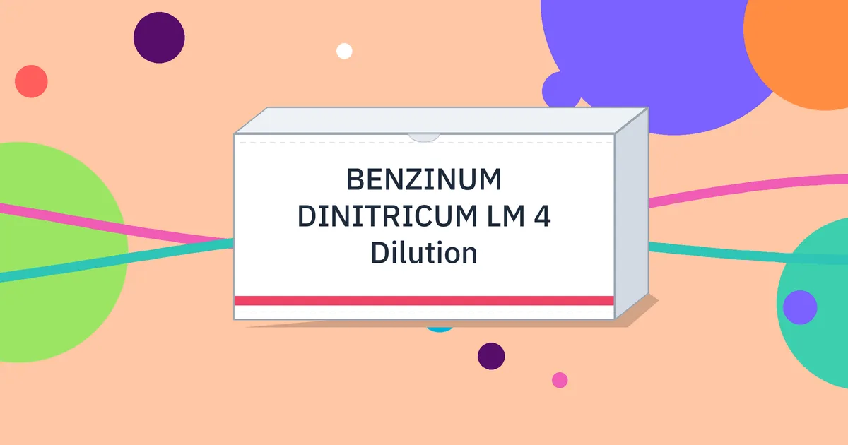 Symbolbild: Packung mit der Aufschrift BENZINUM DINITRICUM LM 4 Dilution (PZN 13382003) – Verfügbarkeit und Bezug in Apotheken in Frankfurt am Main