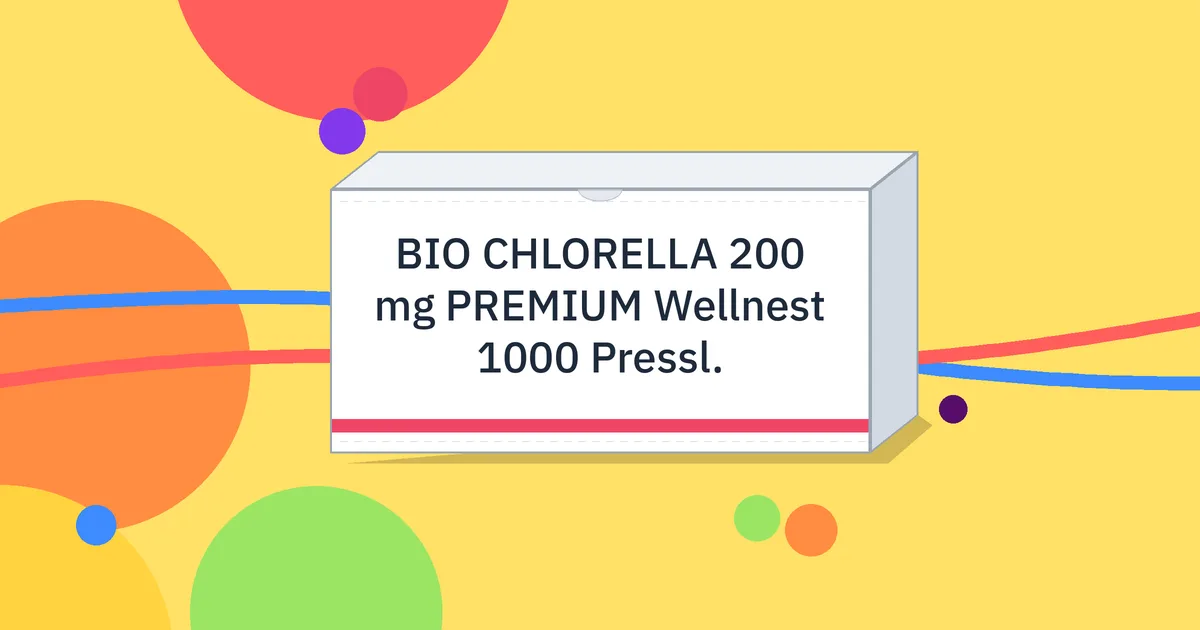 Symbolbild: Packung mit der Aufschrift BIO CHLORELLA 200 mg PREMIUM Wellnest 1000 Pressl. (PZN 08458744) – Verfügbarkeit und Bezug in Apotheken in Frankfurt am Main