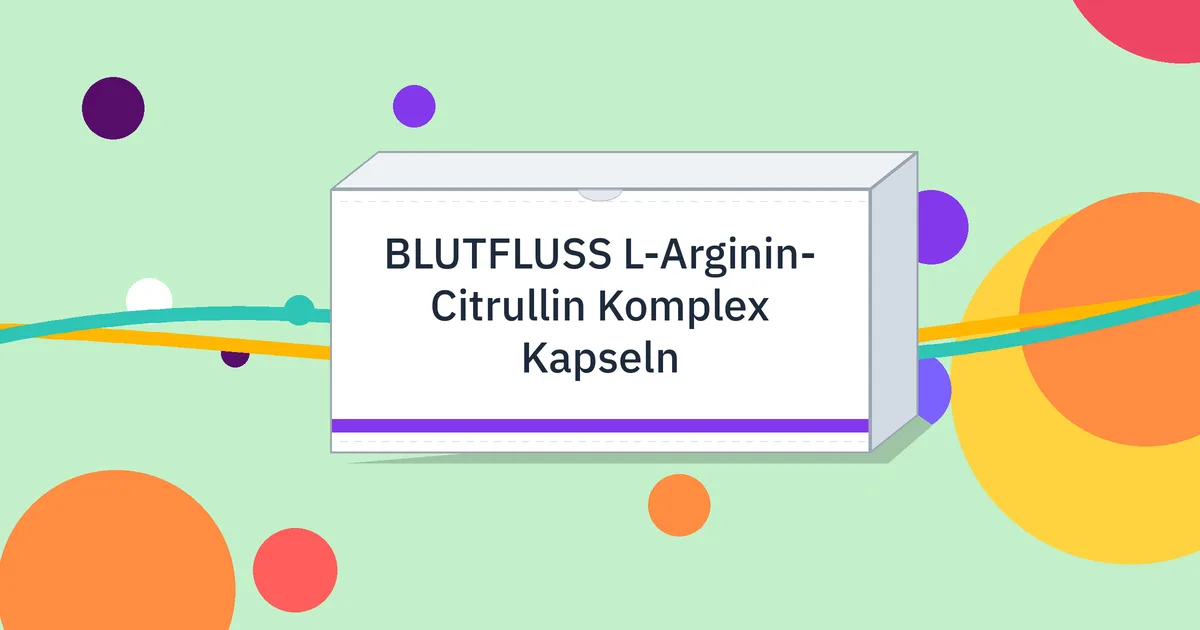 Symbolbild: Packung mit der Aufschrift BLUTFLUSS L-Arginin-Citrullin Komplex Kapseln (PZN 19522480) – Verfügbarkeit und Bezug in Apotheken in Frankfurt am Main