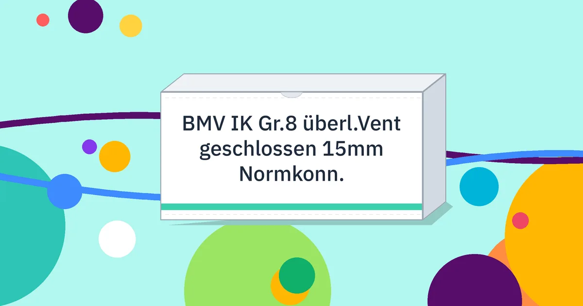 Symbolbild: Packung mit der Aufschrift BMV IK Gr.8 überl.Vent geschlossen 15mm Normkonn. (PZN 18381439) – Verfügbarkeit und Bezug in Apotheken in Frankfurt am Main