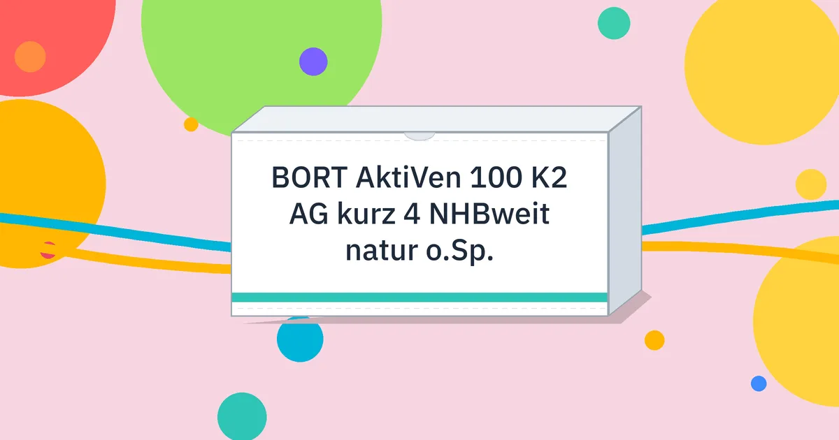 Symbolbild: Packung mit der Aufschrift BORT AktiVen 100 K2 AG kurz 4 NHBweit natur o.Sp. (PZN 13730326) – Verfügbarkeit und Bezug in Apotheken in Frankfurt am Main