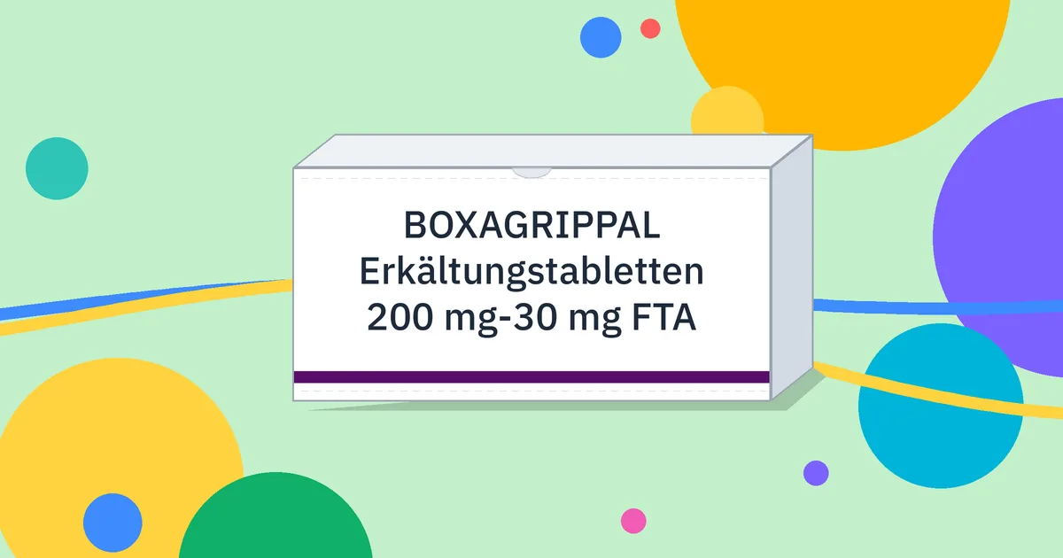 Symbolbild: Packung mit der Aufschrift BOXAGRIPPAL Erkältungstabletten 200 mg-30 mg FTA (PZN 12460445) – Verfügbarkeit und Bezug in Apotheken in Frankfurt am Main