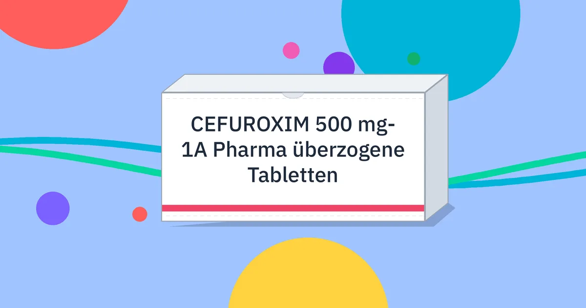 Symbolbild: Packung mit der Aufschrift CEFUROXIM 500 mg-1A Pharma überzogene Tabletten (PZN 04841529) – Verfügbarkeit und Bezug in Apotheken in Frankfurt am Main