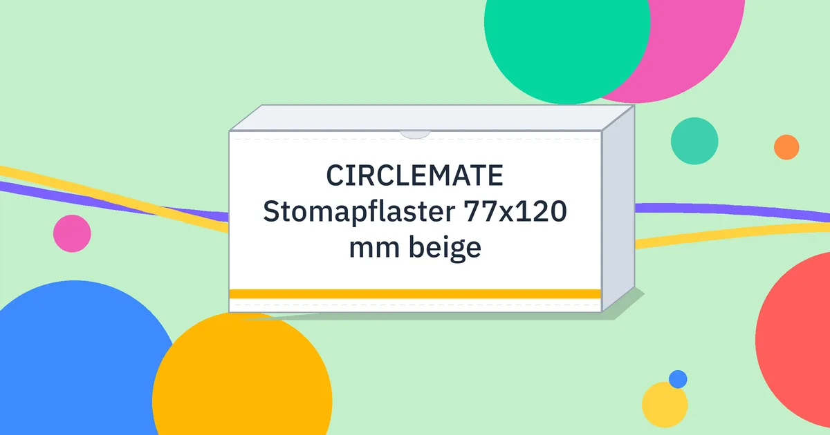 Symbolbild: Packung mit der Aufschrift CIRCLEMATE Stomapflaster 77x120 mm beige (PZN 03742185) – Verfügbarkeit und Bezug in Apotheken in Frankfurt am Main