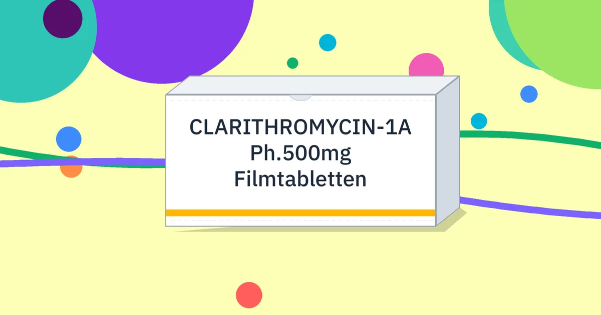 Symbolbild: Packung mit der Aufschrift CLARITHROMYCIN-1A Ph.500mg Filmtabletten (PZN 03811325) – Verfügbarkeit und Bezug in Apotheken in Frankfurt am Main
