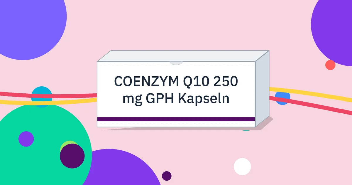 Symbolbild: Packung mit der Aufschrift COENZYM Q10 250 mg GPH Kapseln (PZN 06832931) – Verfügbarkeit und Bezug in Apotheken in Frankfurt am Main