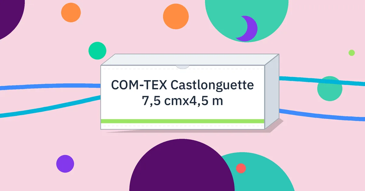 Symbolbild: Packung mit der Aufschrift COM-TEX Castlonguette 7,5 cmx4,5 m (PZN 19113592) – Verfügbarkeit und Bezug in Apotheken in Frankfurt am Main