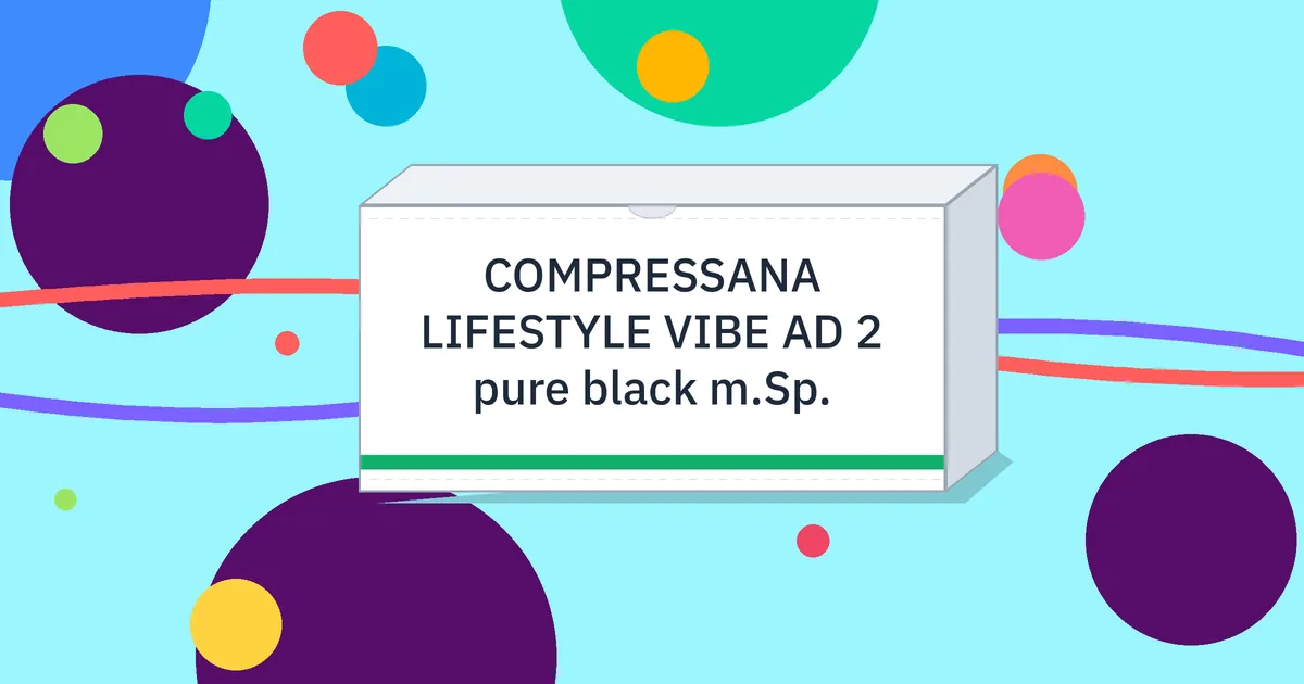 Symbolbild: Packung mit der Aufschrift COMPRESSANA LIFESTYLE VIBE AD 2 pure black m.Sp. (PZN 19659724) – Verfügbarkeit und Bezug in Apotheken in Frankfurt am Main
