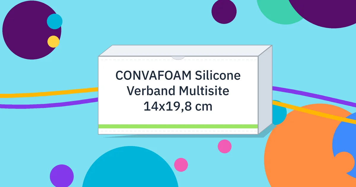 Symbolbild: Packung mit der Aufschrift CONVAFOAM Silicone Verband Multisite 14x19,8 cm (PZN 20629295) – Verfügbarkeit und Bezug in Apotheken in Frankfurt am Main