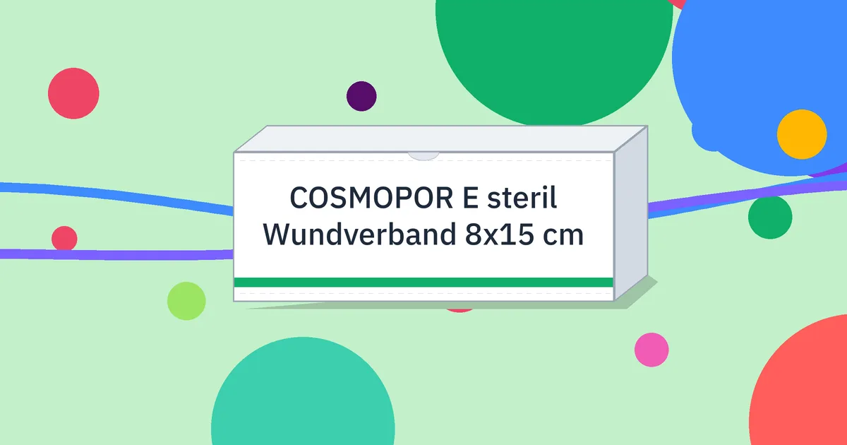 Symbolbild: Packung mit der Aufschrift COSMOPOR E steril Wundverband 8x15 cm (PZN 17842045) – Verfügbarkeit und Bezug in Apotheken in Frankfurt am Main