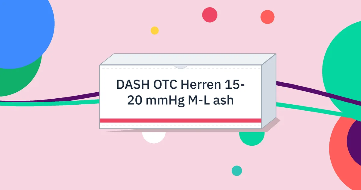 Symbolbild: Packung mit der Aufschrift DASH OTC Herren 15-20 mmHg M-L ash (PZN 20112741) – Verfügbarkeit und Bezug in Apotheken in Frankfurt am Main