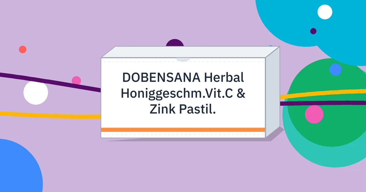 Symbolbild: Packung mit der Aufschrift DOBENSANA Herbal Honiggeschm.Vit.C & Zink Pastil. (PZN 17457815) – Verfügbarkeit und Bezug in Apotheken in Frankfurt am Main