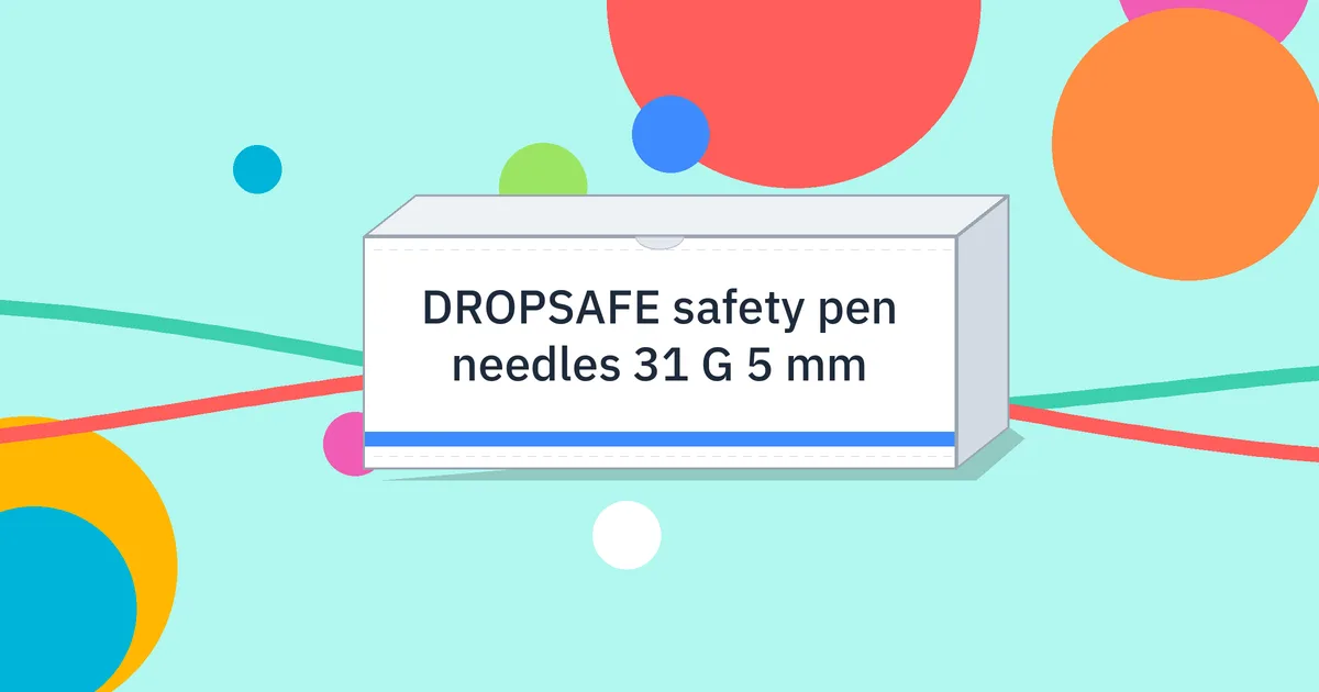 Symbolbild: Packung mit der Aufschrift DROPSAFE safety pen needles 31 G 5 mm (PZN 20176244) – Verfügbarkeit und Bezug in Apotheken in Frankfurt am Main