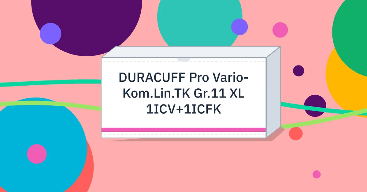 Symbolbild: Packung mit der Aufschrift DURACUFF Pro Vario-Kom.Lin.TK Gr.11 XL 1ICV+1ICFK (PZN 19246175) – Verfügbarkeit und Bezug in Apotheken in Frankfurt am Main