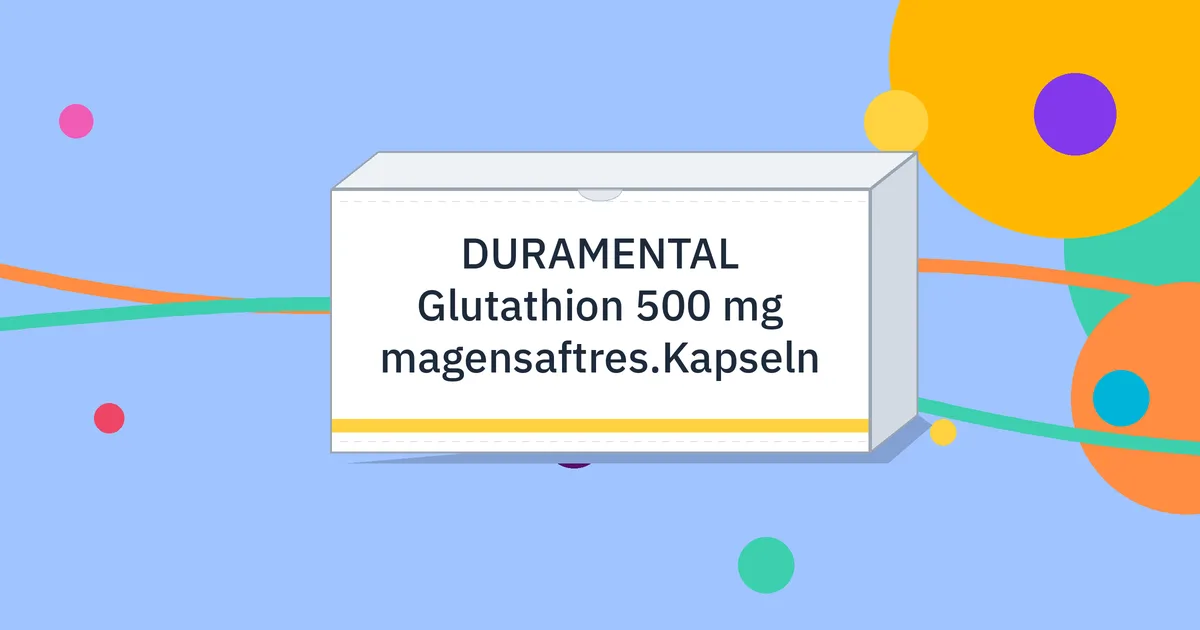 Symbolbild: Packung mit der Aufschrift DURAMENTAL Glutathion 500 mg magensaftres.Kapseln (PZN 11592908) – Verfügbarkeit und Bezug in Apotheken in Frankfurt am Main
