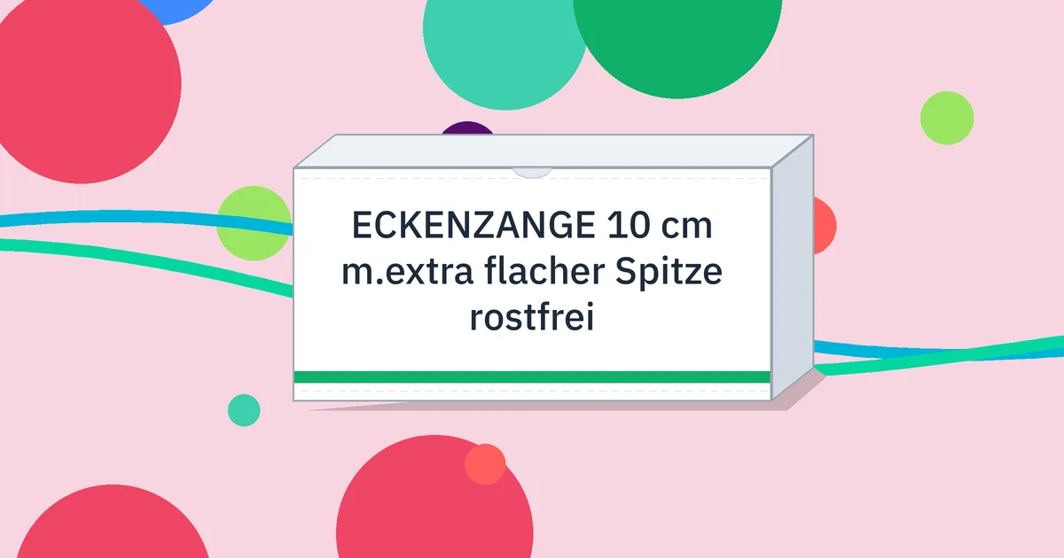 Symbolbild: Packung mit der Aufschrift ECKENZANGE 10 cm m.extra flacher Spitze rostfrei (PZN 17288152) – Verfügbarkeit und Bezug in Apotheken in Frankfurt am Main